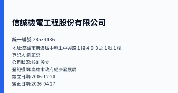 信誠機電工程股份有限公司的照片-統編 28533436(高雄市) 公司登記資料與營業項目詳細圖表