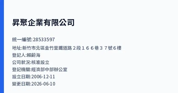 昇聚企業有限公司的照片-統編 28533597(新竹市) 公司登記資料與營業項目詳細圖表