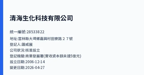 清海生化科技有限公司的照片-統編 28533822(雲林縣) 公司登記資料與營業項目詳細圖表