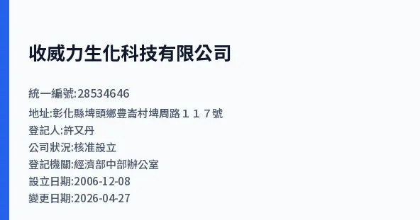 收威力生化科技有限公司的照片-統編 28534646(彰化縣) 公司登記資料與營業項目詳細圖表