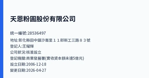 天恩粉圓股份有限公司的照片-統編 28536497(彰化縣) 公司登記資料與營業項目詳細圖表