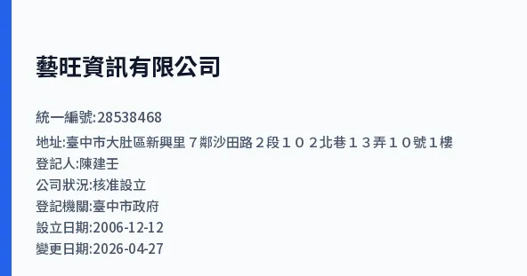 藝旺資訊有限公司的照片-統編 28538468(臺中市) 公司登記資料與營業項目詳細圖表