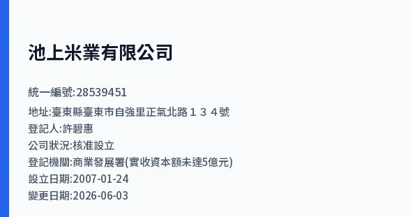 池上米業有限公司的照片-統編 28539451(臺東縣) 公司登記資料與營業項目詳細圖表