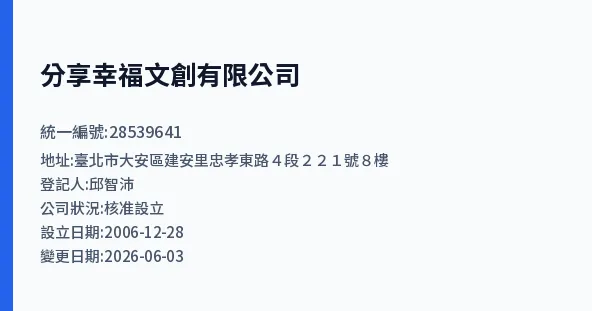 分享幸福文創有限公司的照片-統編 28539641(臺北市) 公司登記資料與營業項目詳細圖表