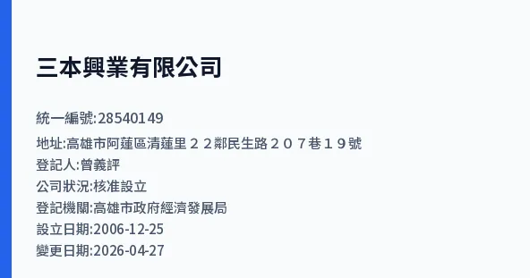 三本興業有限公司的照片-統編 28540149(高雄市) 公司登記資料與營業項目詳細圖表