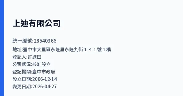 上迪有限公司的照片-統編 28540366(臺中市) 公司登記資料與營業項目詳細圖表