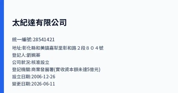 太紀達有限公司的照片-統編 28541421(彰化縣) 公司登記資料與營業項目詳細圖表