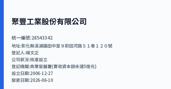 聚豐工業股份有限公司的照片-統編 28543342(彰化縣) 公司登記資料與營業項目詳細圖表