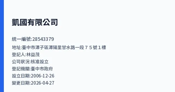 凱國有限公司的照片-統編 28543379(臺中市) 公司登記資料與營業項目詳細圖表