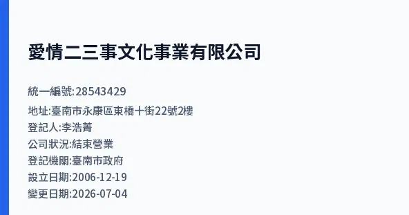 愛情二三事文化事業有限公司的照片-統編 28543429(臺南市) 公司登記資料與營業項目詳細圖表