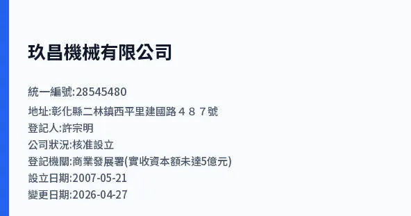 玖昌機械有限公司的照片-統編 28545480(彰化縣) 公司登記資料與營業項目詳細圖表