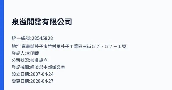 泉溢開發有限公司的照片-統編 28545828(嘉義縣) 公司登記資料與營業項目詳細圖表