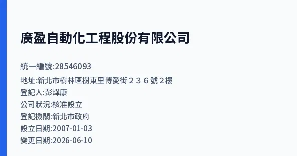 廣盈自動化工程股份有限公司的照片-統編 28546093(新北市) 公司登記資料與營業項目詳細圖表