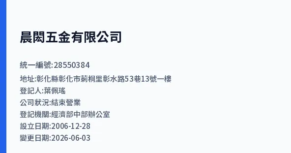 晨閎五金有限公司的照片-統編 28550384(彰化縣) 公司登記資料與營業項目詳細圖表