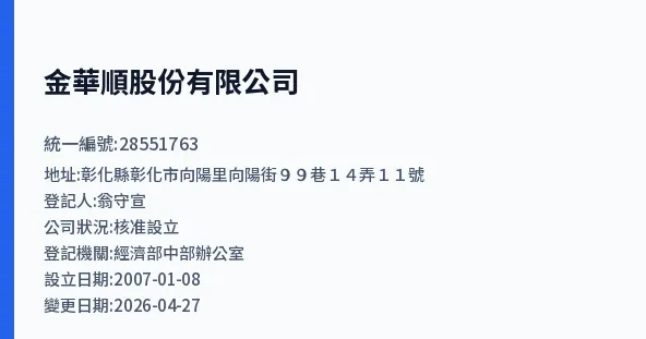 金華順股份有限公司的照片-統編 28551763(彰化縣) 公司登記資料與營業項目詳細圖表