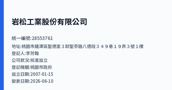 岩松工業股份有限公司的照片-統編 28553761(桃園市) 公司登記資料與營業項目詳細圖表
