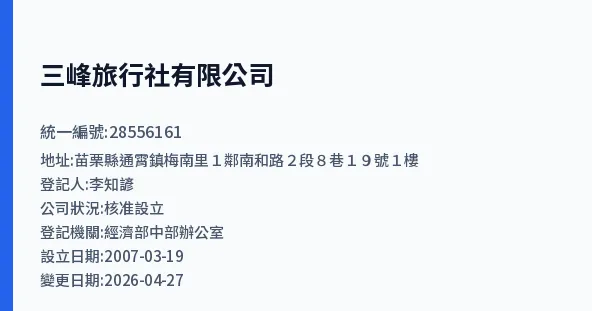 三峰旅行社有限公司的照片-統編 28556161(苗栗縣) 公司登記資料與營業項目詳細圖表