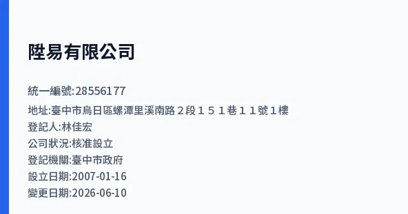 陞易有限公司的照片-統編 28556177(臺中市) 公司登記資料與營業項目詳細圖表