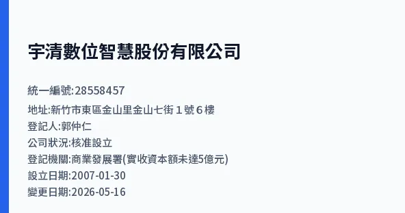 宇清數位智慧股份有限公司的照片-統編 28558457(新竹市) 公司登記資料與營業項目詳細圖表