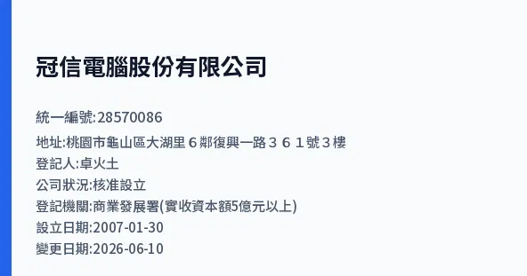 冠信電腦股份有限公司的照片-統編 28570086(桃園市) 公司登記資料與營業項目詳細圖表