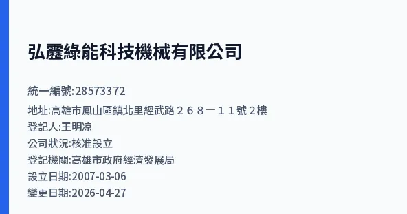弘靂綠能科技機械有限公司的照片-統編 28573372(高雄市) 公司登記資料與營業項目詳細圖表