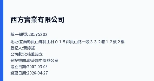 西方實業有限公司的照片-統編 28575202(宜蘭縣) 公司登記資料與營業項目詳細圖表