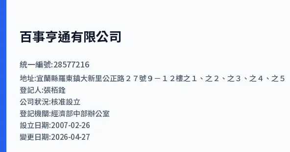 百事亨通有限公司的照片-統編 28577216(宜蘭縣) 公司登記資料與營業項目詳細圖表