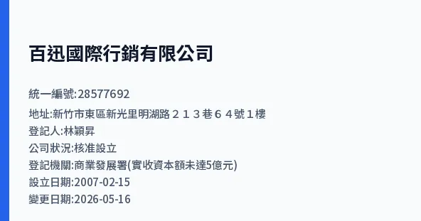 百迅國際行銷有限公司的照片-統編 28577692(新竹市) 公司登記資料與營業項目詳細圖表