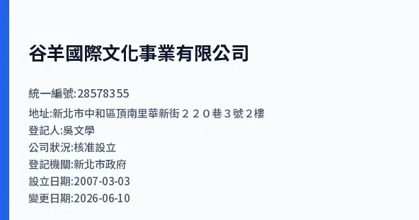 谷羊國際文化事業有限公司的照片-統編 28578355(新北市) 公司登記資料與營業項目詳細圖表