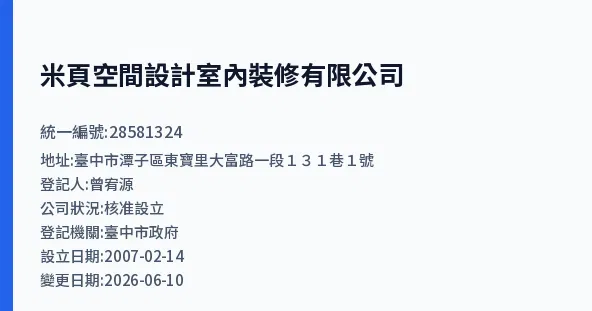 米頁空間設計室內裝修有限公司的照片-統編 28581324(臺中市) 公司登記資料與營業項目詳細圖表