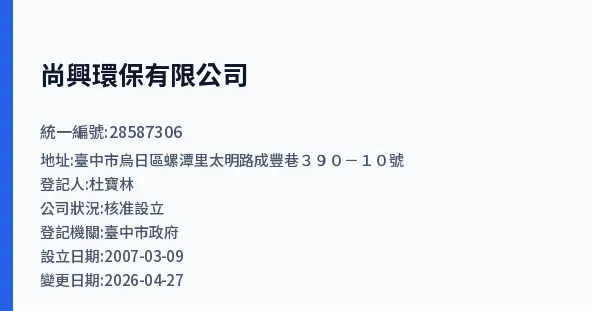 尚興環保有限公司的照片-統編 28587306(臺中市) 公司登記資料與營業項目詳細圖表