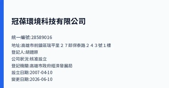 冠葆環境科技有限公司的照片-統編 28589016(高雄市) 公司登記資料與營業項目詳細圖表