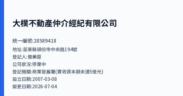 大樸不動產仲介經紀有限公司的照片-統編 28589418(苗栗縣) 公司登記資料與營業項目詳細圖表