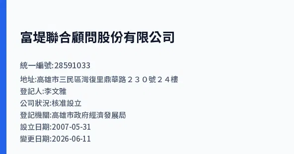 富堤聯合顧問股份有限公司的照片-統編 28591033(高雄市) 公司登記資料與營業項目詳細圖表
