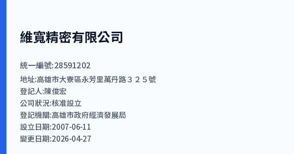 維寬精密有限公司的照片-統編 28591202(高雄市) 公司登記資料與營業項目詳細圖表