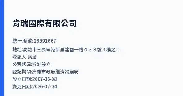 肯瑞國際有限公司的照片-統編 28591667(高雄市) 公司登記資料與營業項目詳細圖表