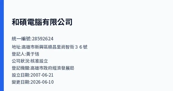 和碩電腦有限公司的照片-統編 28592624(高雄市) 公司登記資料與營業項目詳細圖表