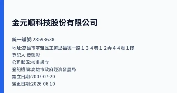金元順科技股份有限公司的照片-統編 28593638(高雄市) 公司登記資料與營業項目詳細圖表
