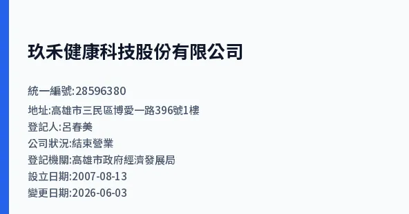 玖禾健康科技股份有限公司的照片-統編 28596380(高雄市) 公司登記資料與營業項目詳細圖表