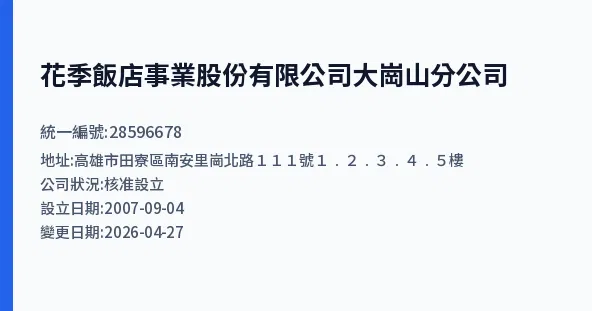 花季飯店事業股份有限公司大崗山分公司的照片-統編 28596678(高雄市) 公司登記資料與營業項目詳細圖表