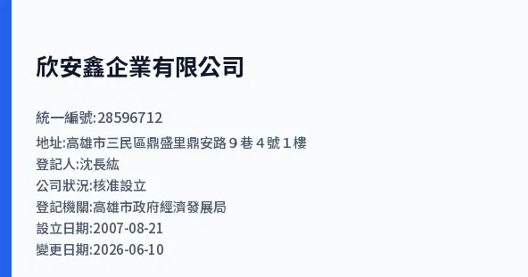 欣安鑫企業有限公司的照片-統編 28596712(高雄市) 公司登記資料與營業項目詳細圖表