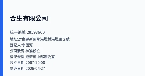 合生有限公司的照片-統編 28598660(屏東縣) 公司登記資料與營業項目詳細圖表