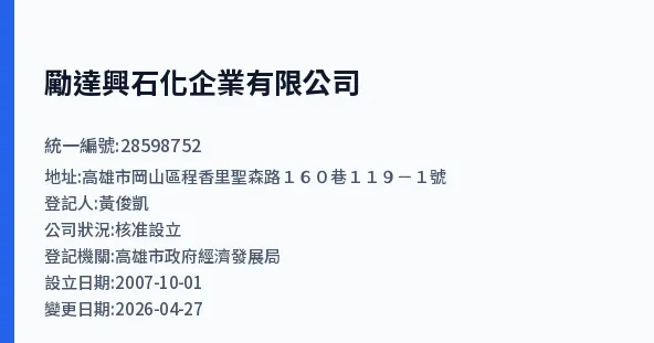 勵達興石化企業有限公司的照片-統編 28598752(高雄市) 公司登記資料與營業項目詳細圖表