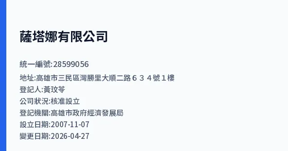 薩塔娜有限公司的照片-統編 28599056(高雄市) 公司登記資料與營業項目詳細圖表