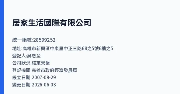 居家生活國際有限公司的照片-統編 28599252(高雄市) 公司登記資料與營業項目詳細圖表