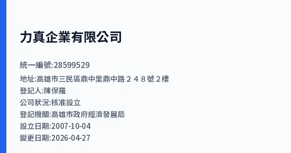 力真企業有限公司的照片-統編 28599529(高雄市) 公司登記資料與營業項目詳細圖表