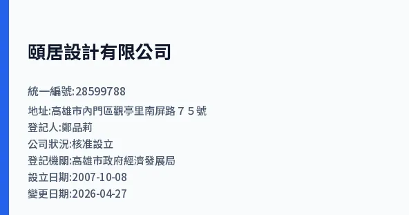 頤居設計有限公司的照片-統編 28599788(高雄市) 公司登記資料與營業項目詳細圖表
