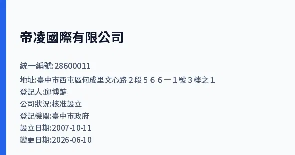 帝凌國際有限公司的照片-統編 28600011(臺中市) 公司登記資料與營業項目詳細圖表