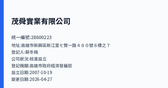 茂舜實業有限公司的照片-統編 28600223(高雄市) 公司登記資料與營業項目詳細圖表