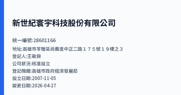 新世紀寰宇科技股份有限公司的照片-統編 28601166(高雄市) 公司登記資料與營業項目詳細圖表